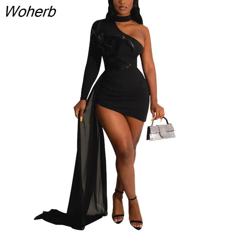 Woherb Women One Long Sleeve Ruched Up Side Asymmetrical Floor Length ...