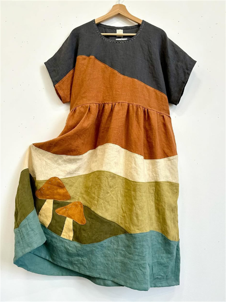Mushroom Landscape Colorblock Patchwork Linen Dress 30.99