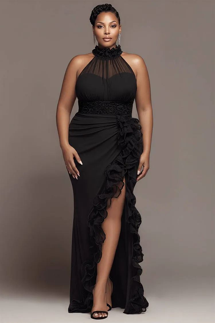 Xpluswear Design Plus Size Formal Black Halter Collar Ruffle Split ...