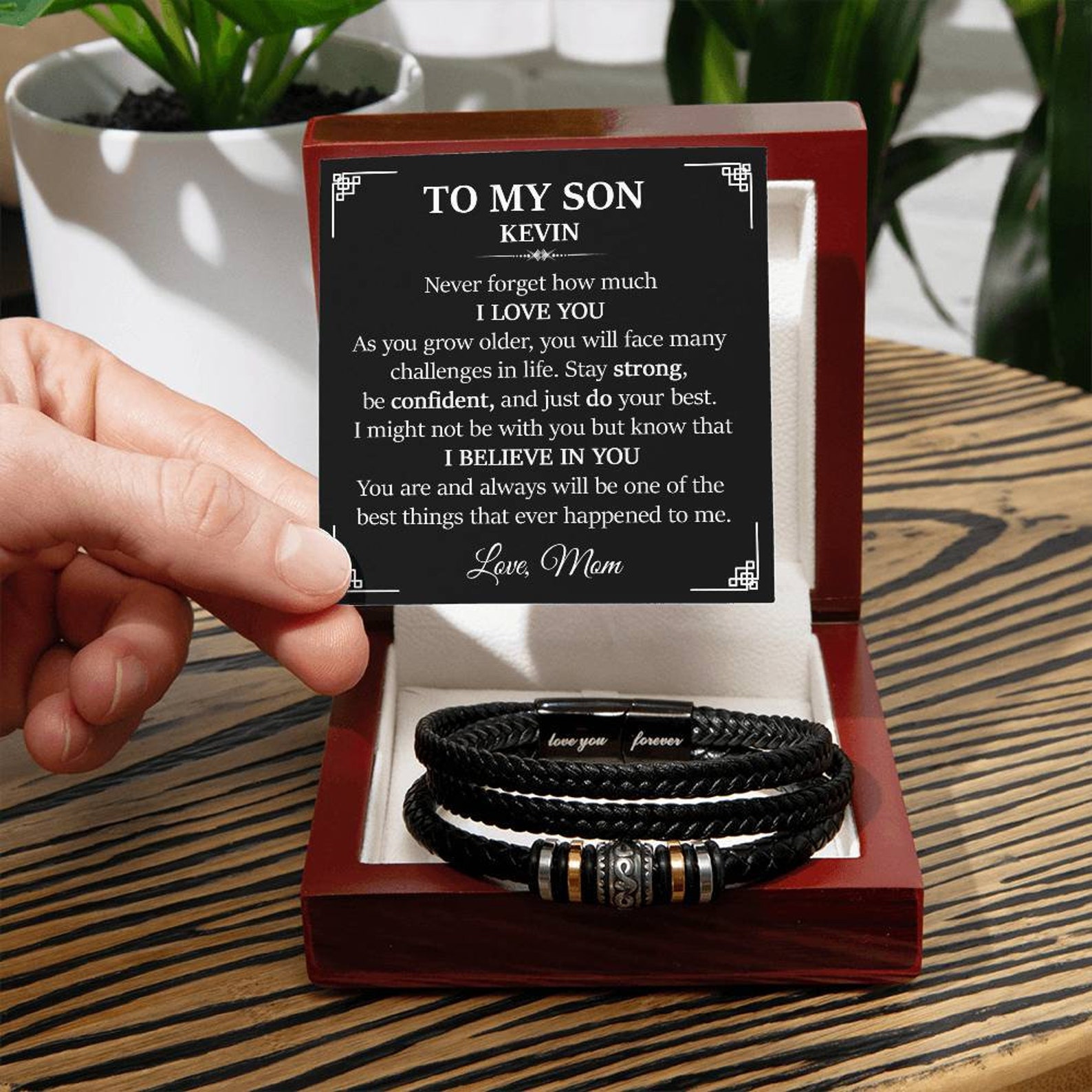 To My Son Bracelet Personalised Name Message Card Braided Leather ...