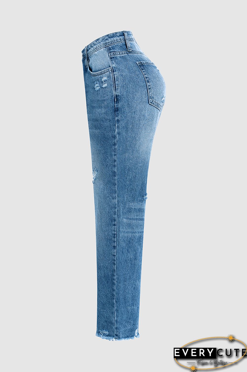 Ripped Raw Hem Zip Fly Mid Rise Straight Leg Jeans