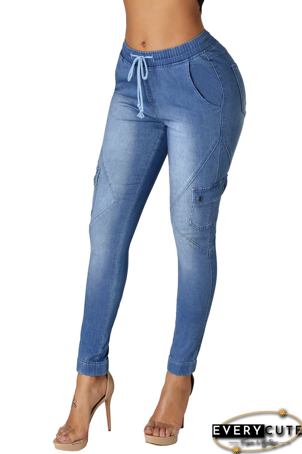 Wholesale Dusty Blue Drawstring Ankle Pocket Denim Jeans Online