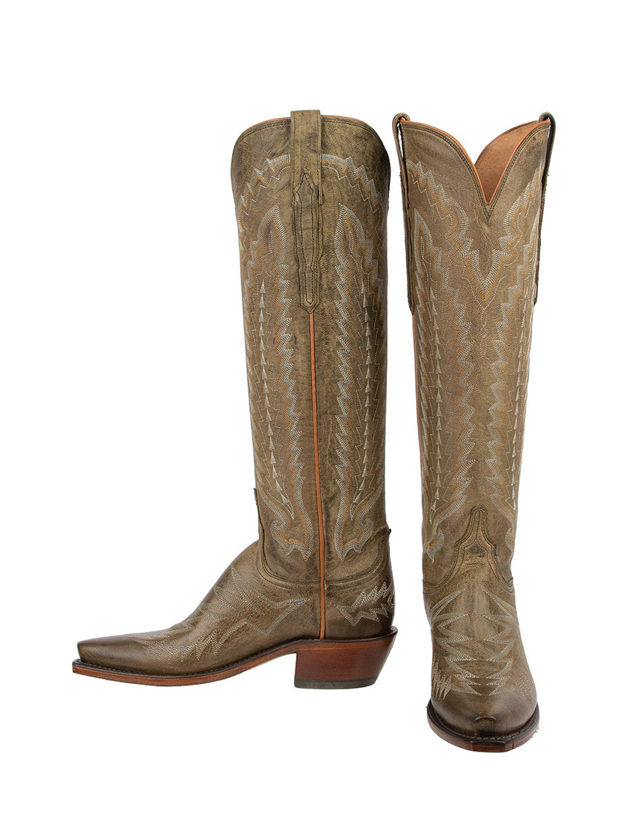 Khaki Vegan Leather Snip Toe Vamp Stitch Pattern Wide Calf Knee-High ...