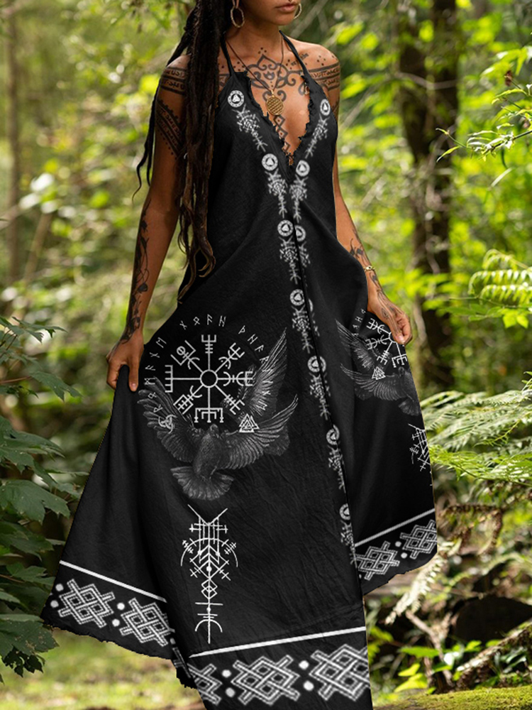 Tribal Viking Bird Graphics Sling Cotton And Linen Maxi Dress