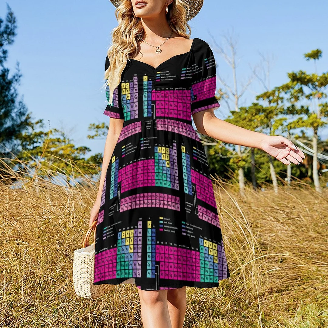 SFNEEWHO Periodic Table Dress Women Boho High Waist Flared Puff Sleeve ...