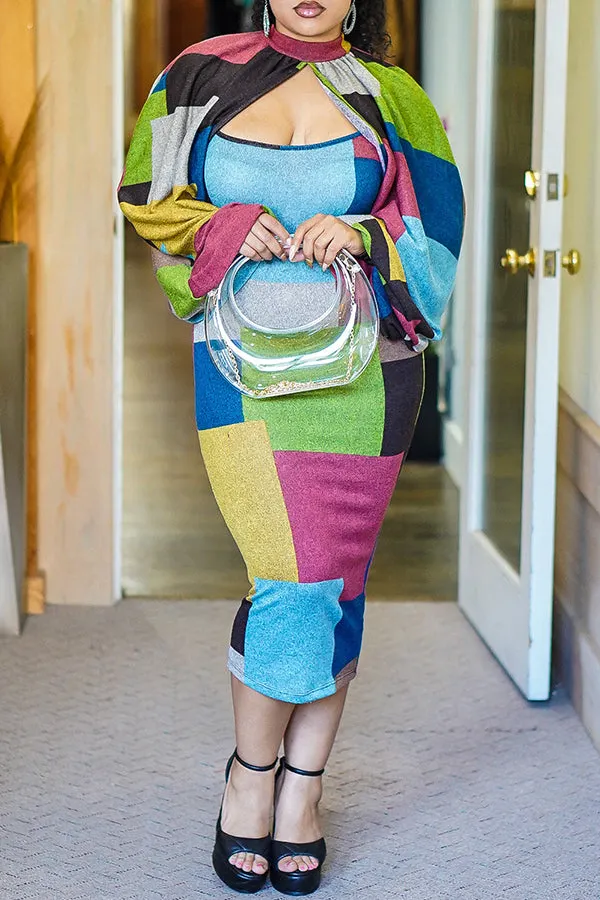 Elegant Plaid Batwing Sleeve Short Top Slim-Fit Sling Midi Dress Suits