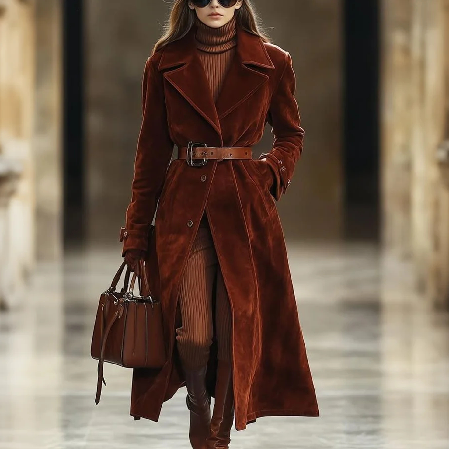 Women's Vintage Elegant Brown Velvet Trench Coat With Matching Accessories