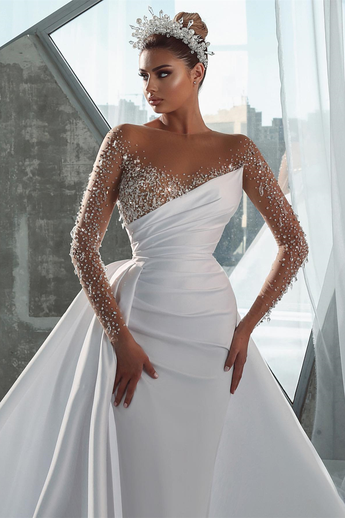 Bellasprom Long Sleeves Mermaid Wedding Dress Overskirt With Beadings