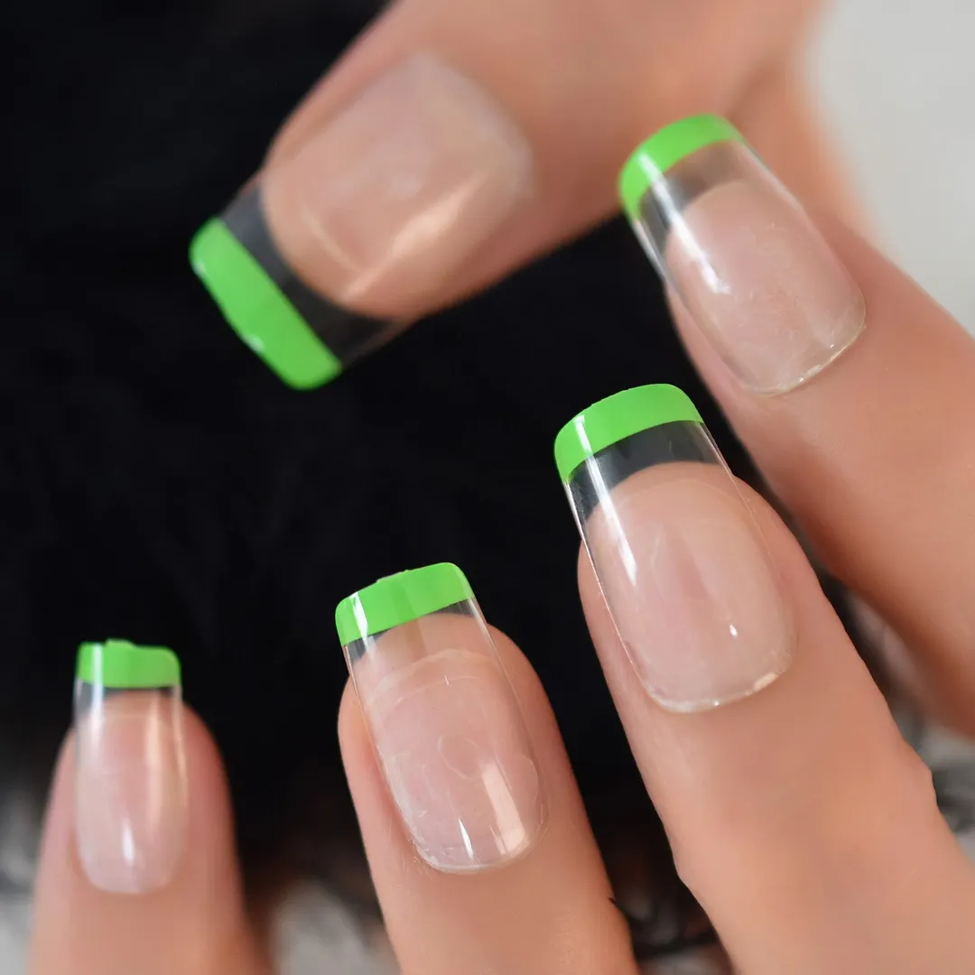 Churchf Clear NEON False Nail Green Fake Set Medium Length Press On ...