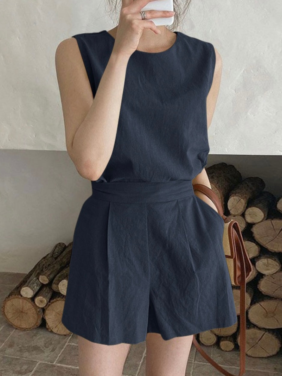 Single Button Top & Side Pocket Back Garter Shorts Terno Set