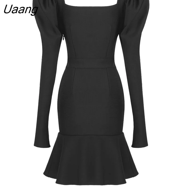 Uaang Summer Women Black Ruffles Mini Bandage Sexy Long Puff Sleeve