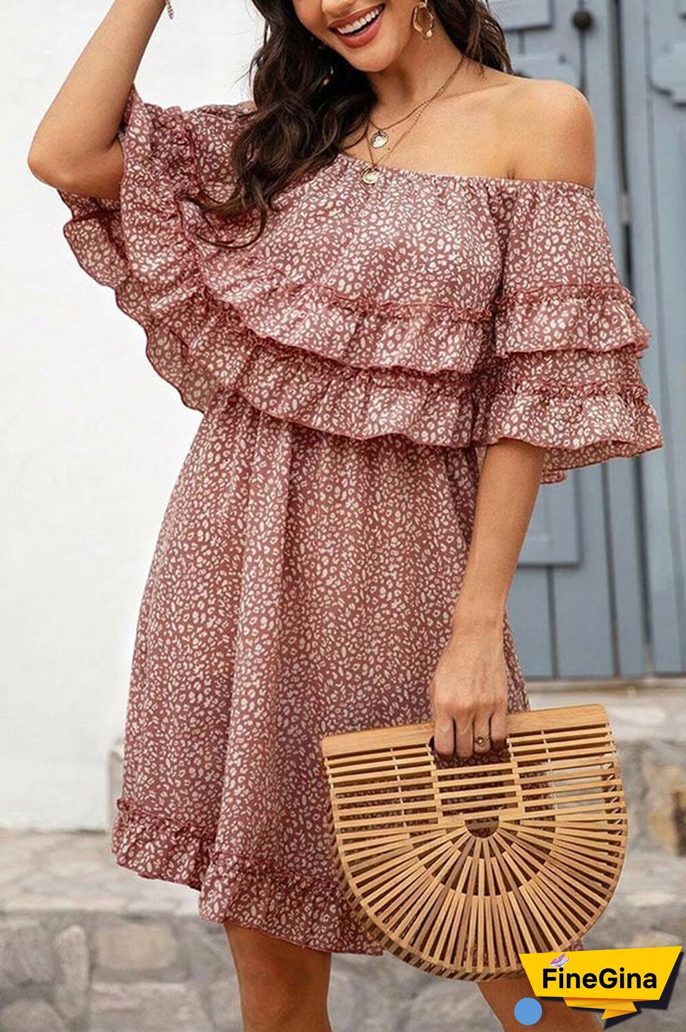 FineGina Off Shoulder Layered Ruffles Printed Dress