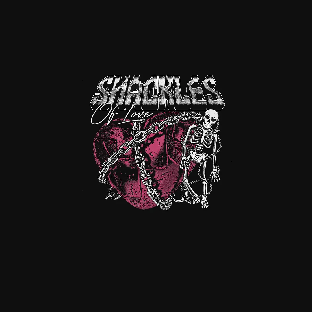 SHACKLES Skull with Chain Heart Black Print T-shirt