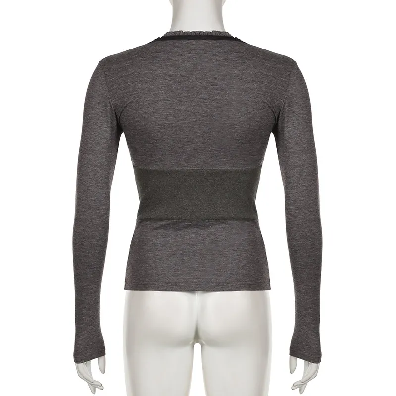 BASIC V-NECK LOW CUT BREASTED LONG SLEEVE TOP