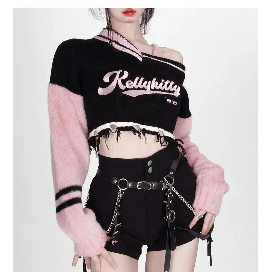 Mongw Y2k Goth Off Shoulder Crop Sweater Women Kpop Grunge Gyaru ...