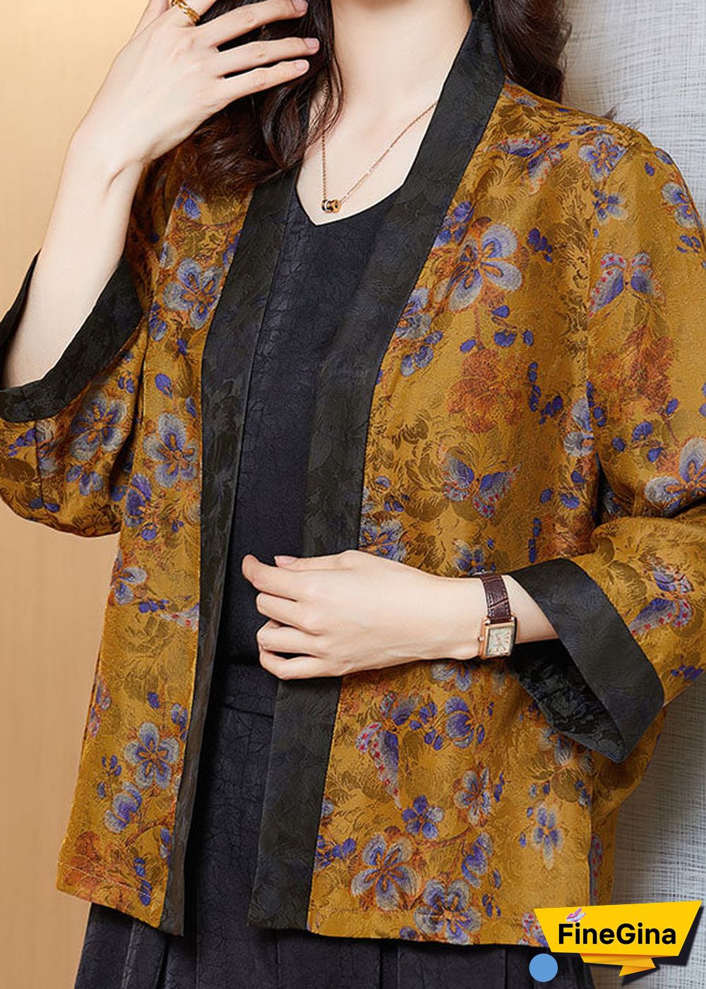 FineGina Plus Size Yellow Print Patchwork Silk Loose Cardigans Bracelet ...