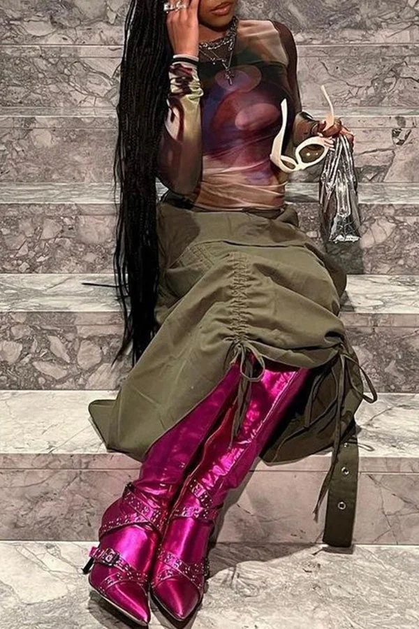 Statement Pocket Solid Color Asymmetric Drawstring Long Skirt