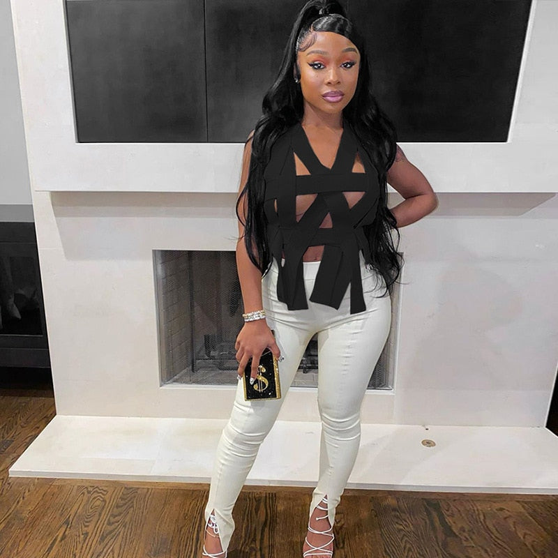 Simeunal Criss Cross Stretch Hollow Out Tank Tops V Neck Sleeveless ...