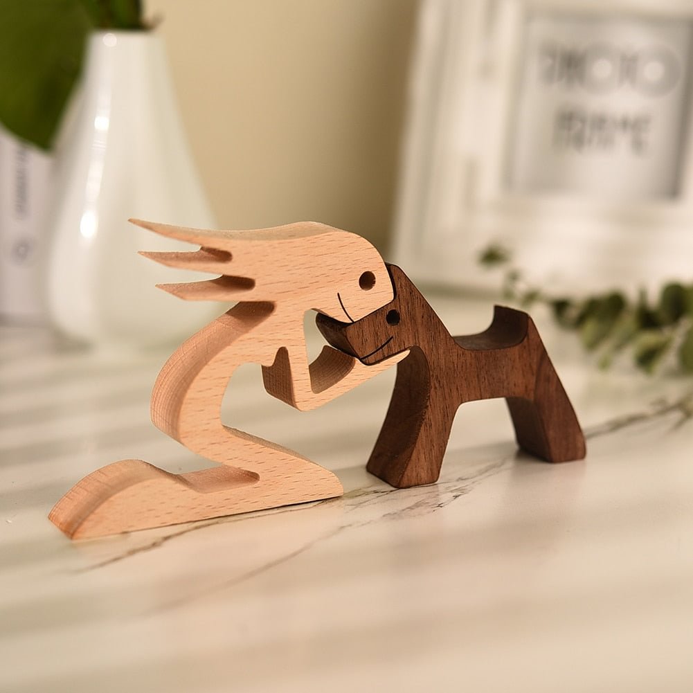 Family Puppy Wood Dog Craft Figurine Desktop Table Ornament Carving ...