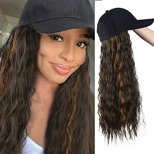 Long Wave Baseball Cap with Wavy Women Wig Hats