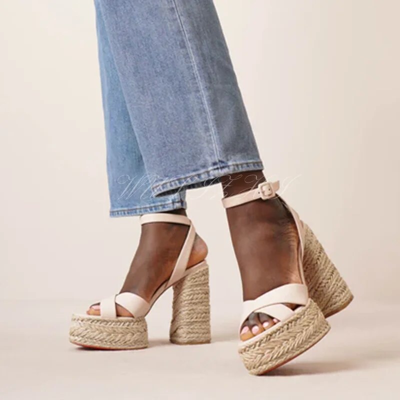White Leather Straw Platform Heels Women Platform Buckle Sandals Black ...