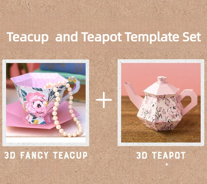 3D Teapot + Teacup Gift Box Template Set - With Detailed Instructions