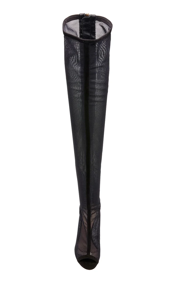 Black Thigh High Stiletto Heel Boots with Net Design Vdcoo