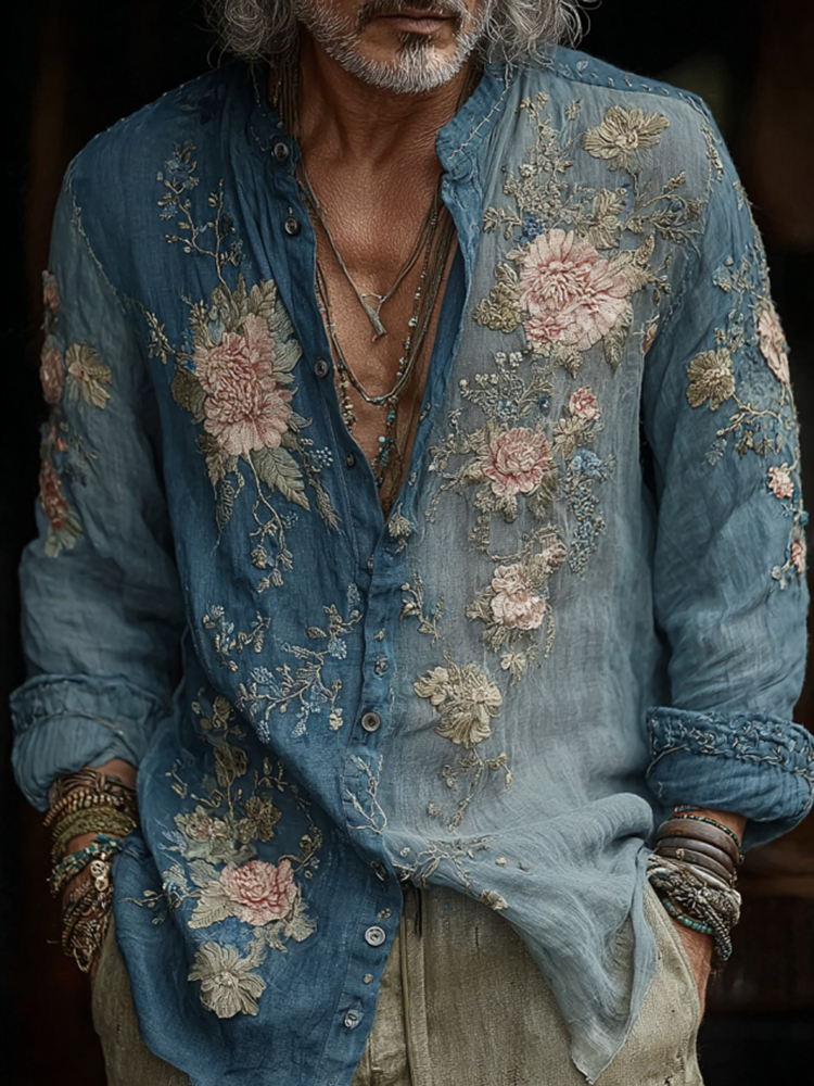 Men's Vintage Floral Embroidered Comfy Linen Shirt 36.99 menweary