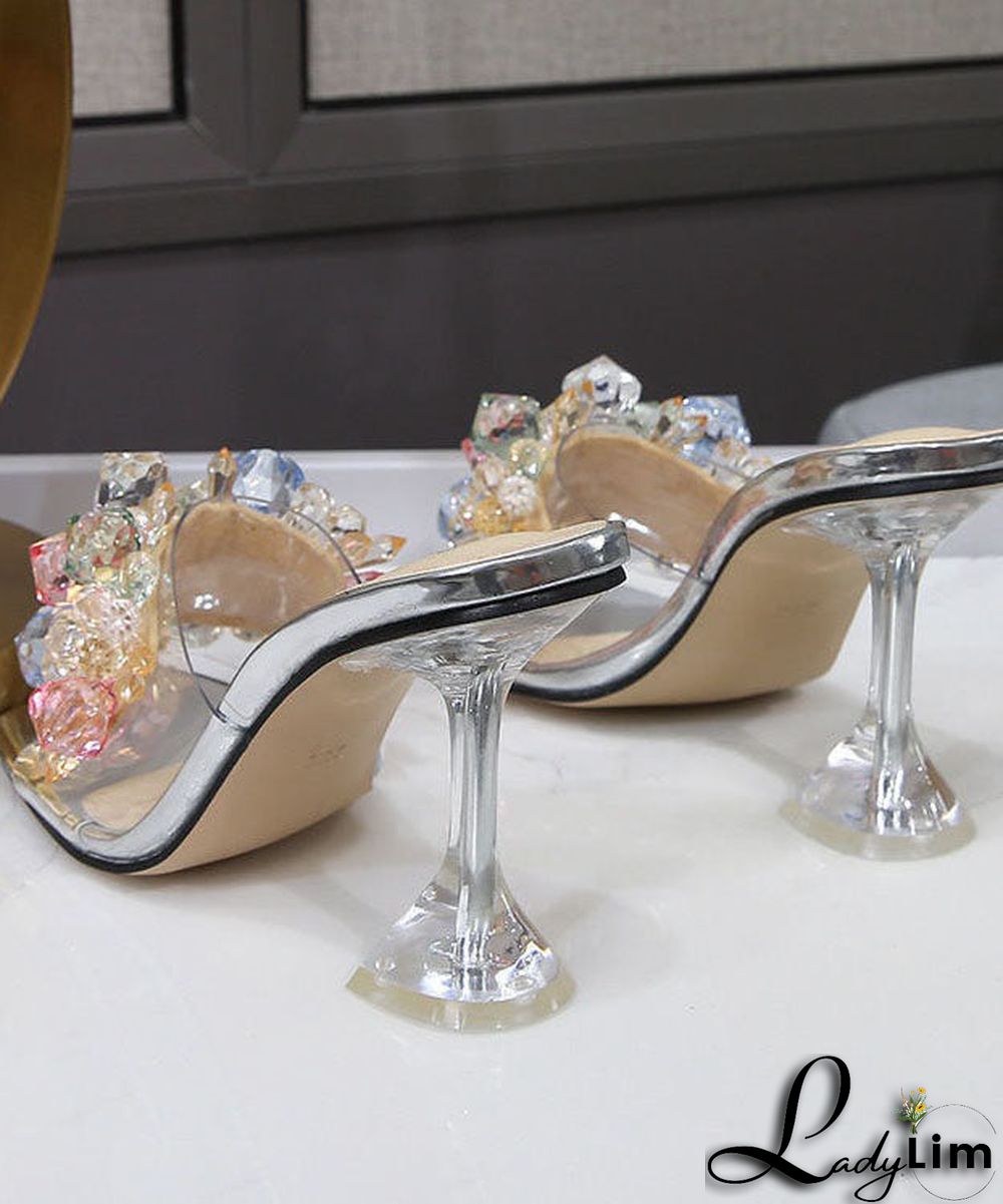 Silver Crystal Splicing Peep Toe Clear High Heel Slippers - Ladylim