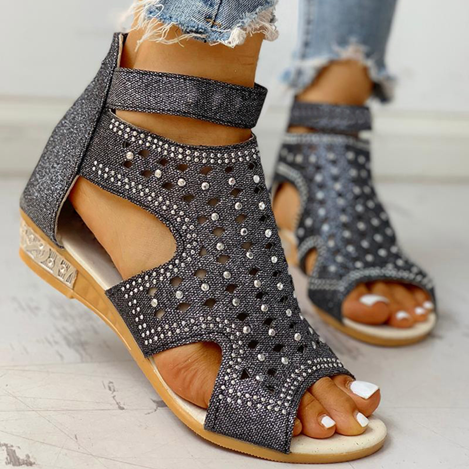 Hollow-out Peep Toe Small Wedge Heel Back Zipper Roman Sandals | For ...