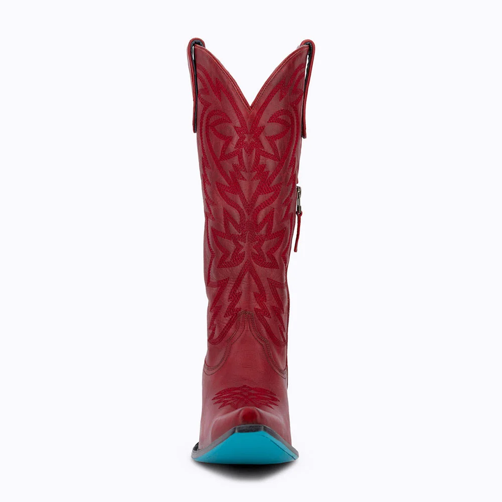 Red Pointed Toe Side Zipper Embroidered Knee High Cowgirl Boots With ...