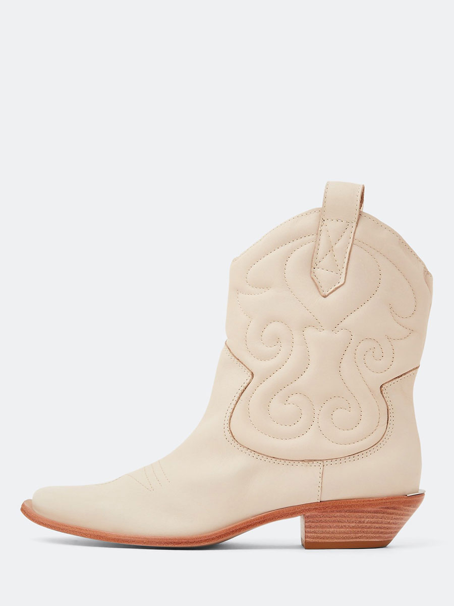 Ivory Embroidered Pull Tab Stacked Heel Cowgirl Boots for Women