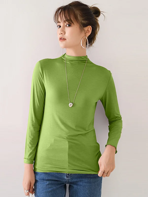 10 Colors Simple Solid Color Long Sleeves High-Neck T-Shirt Top