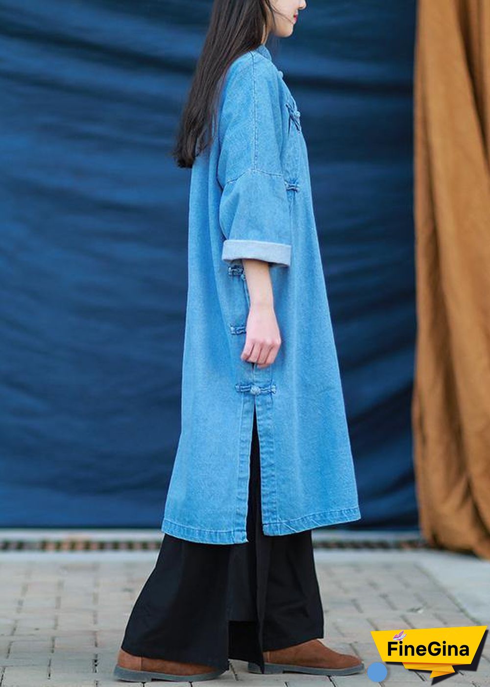 FineGina Loose stand collar Tunic Photography denim light blue Dress
