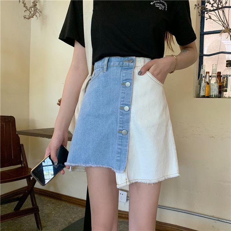 BUTTONED COLORBLOCK DENIM SKIRT