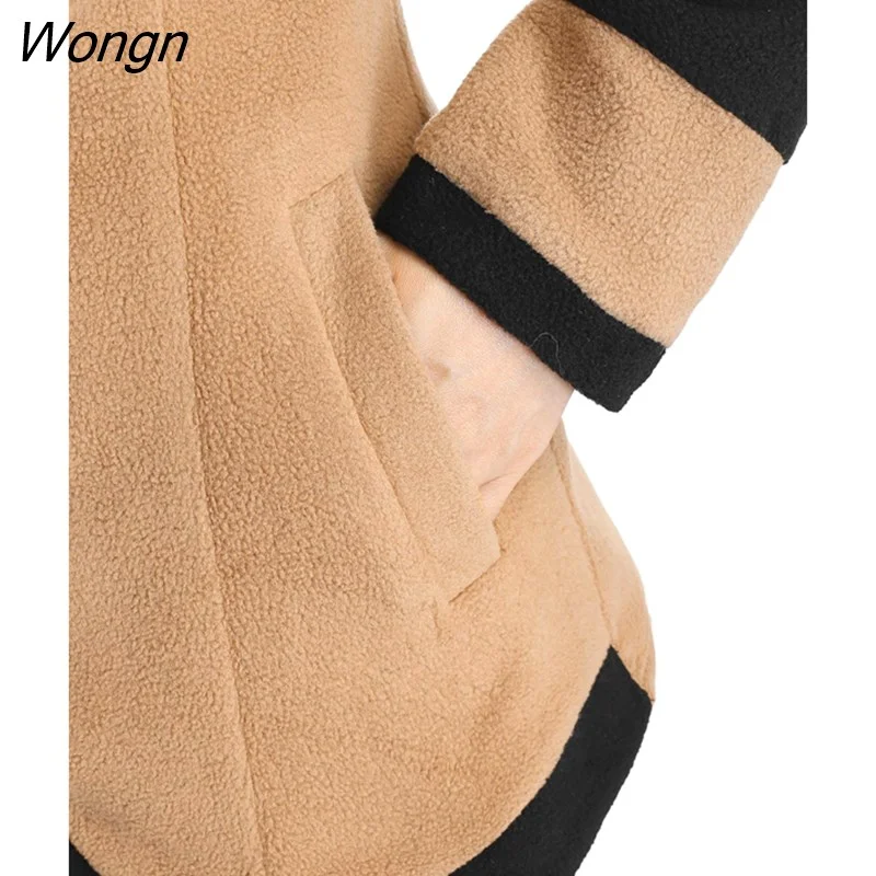 Wongn Two Tone Fleece Jacket Colorblock Wide-waisted Full Sleeve Warm ...