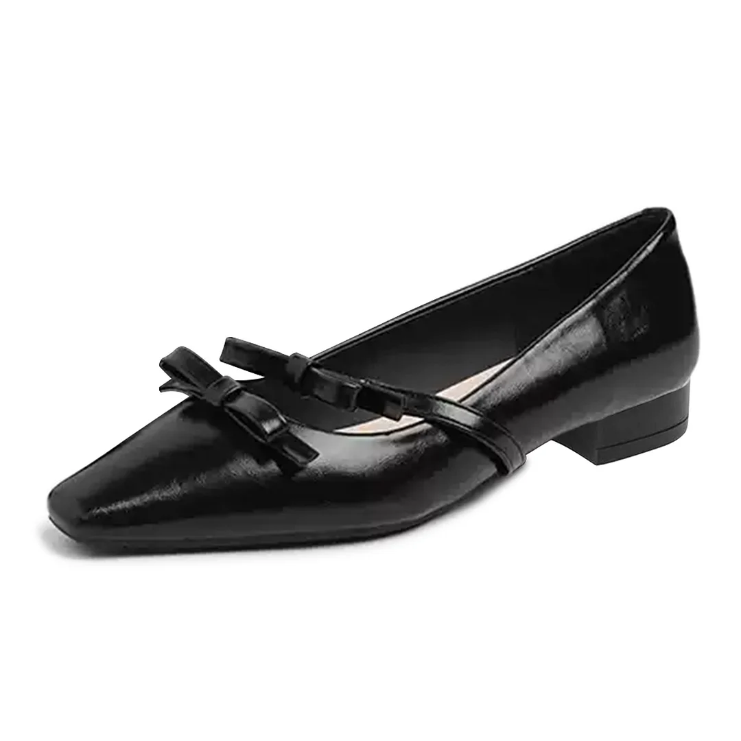 Black Two Bows Strap Square Toe Low Heel Mary Jane Shoes for Women
