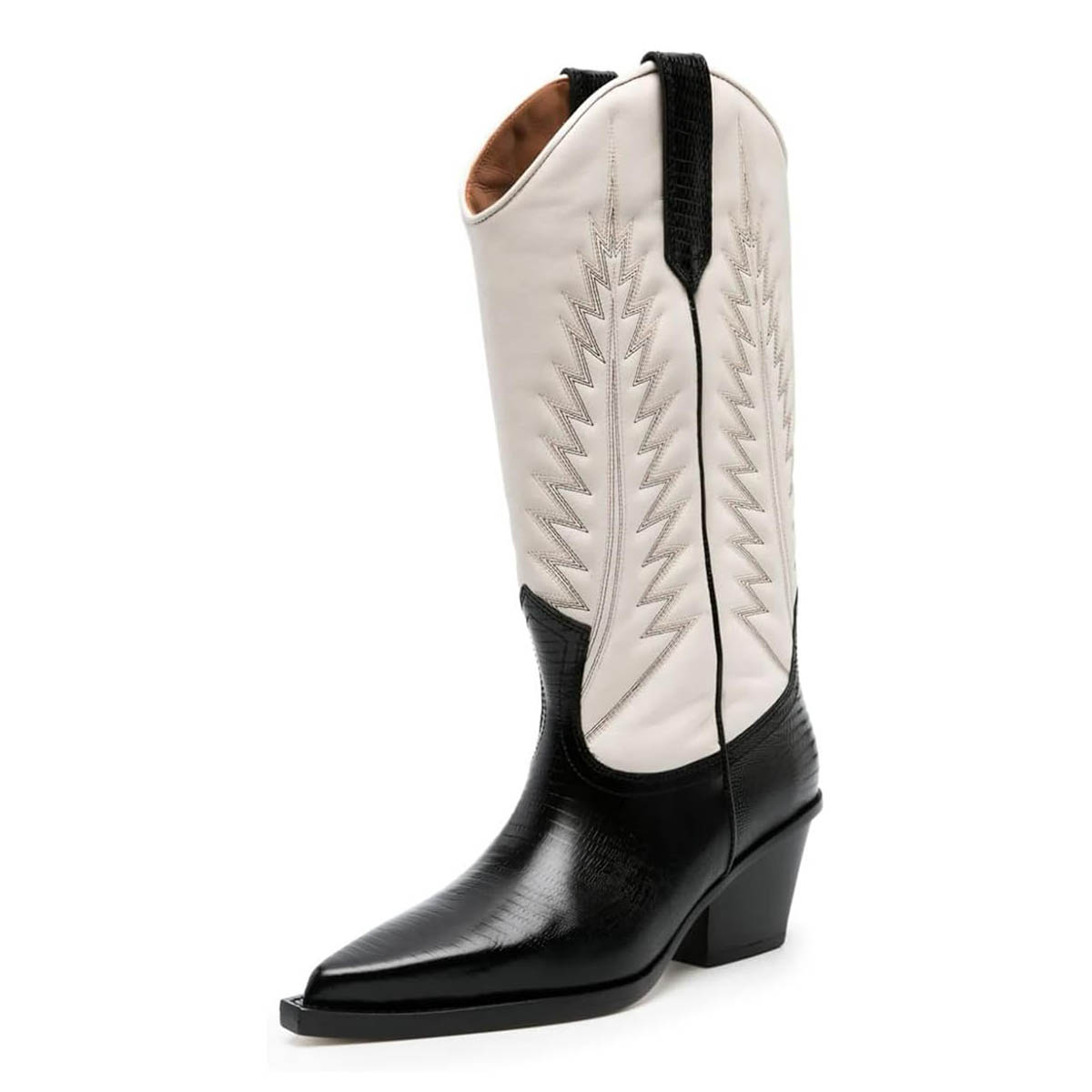 White & Black Pointed Toe Stitching Wide Calf Cowboy Boots for Women