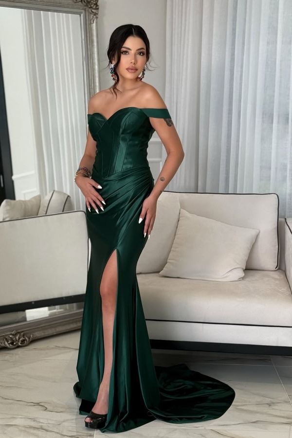 Daisda Green Off-the-Shoulder Long Prom Dress with Slit