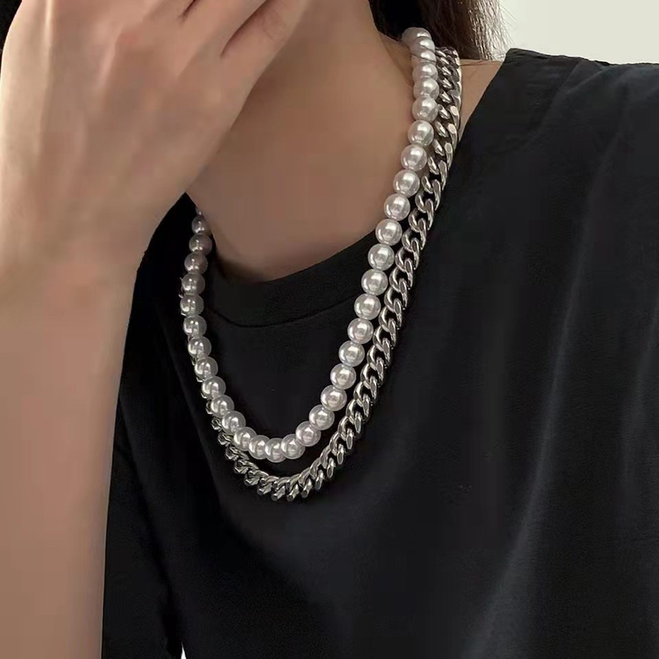 CHUNKY CHAIN PEARL DOUBLE LAYER NECKLACE