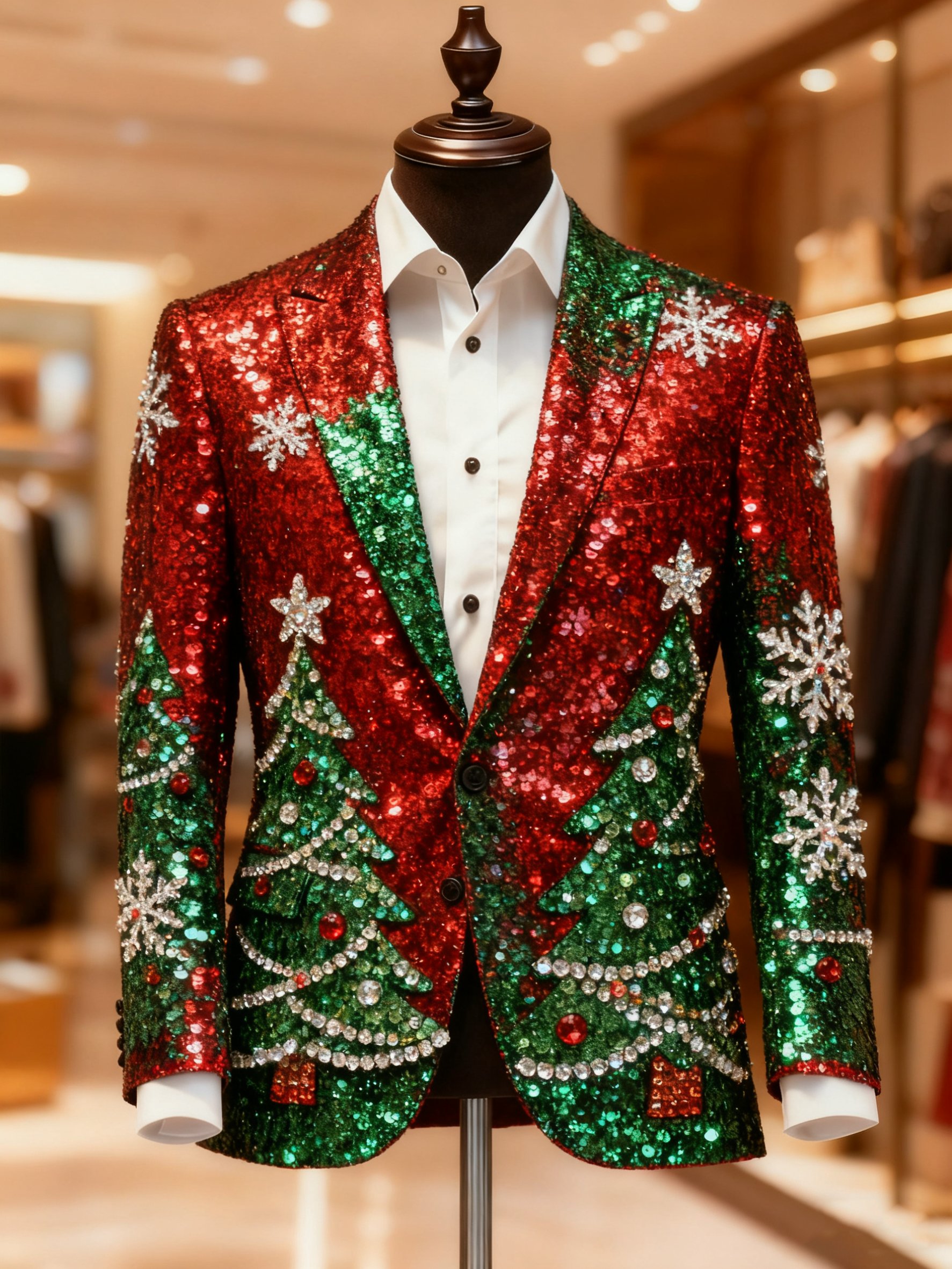 Men's Business Casual Large Pocket Notch Lapel Print Christmas Tree Blazers