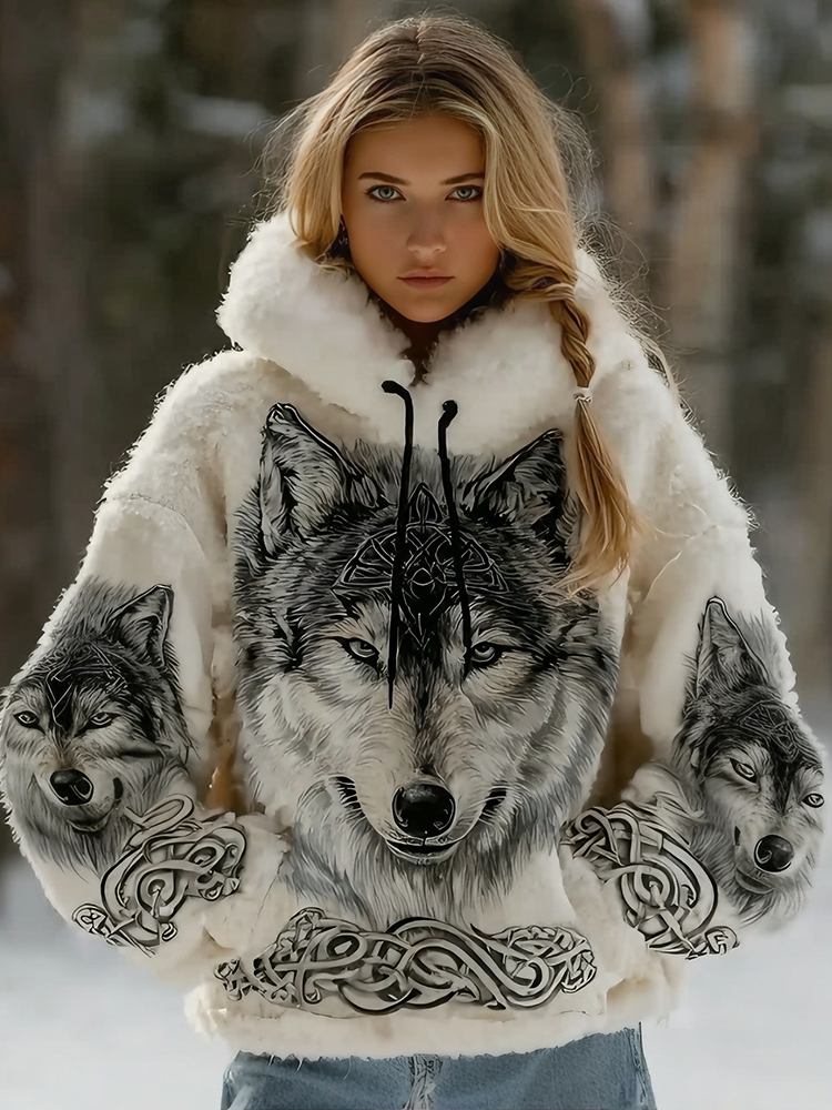 Women's Vintage Viking Celtic Wolf Art Plush Cozy Hoodie