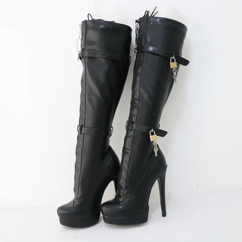 Buyshoesstore Lockable Zipper Platform Heel Double Straps Knee High ...