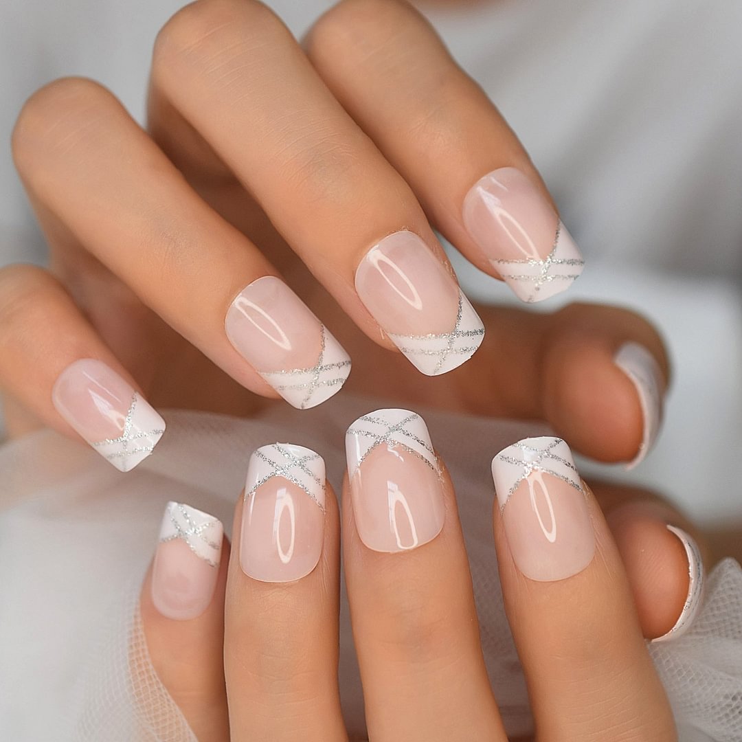 Iridescent White Instant French Nails Glitter Beveled Clear Short ...