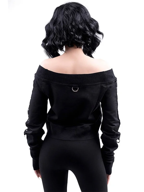 Goth Solid Slim Midriff-baring Off Shoulder Hoodie