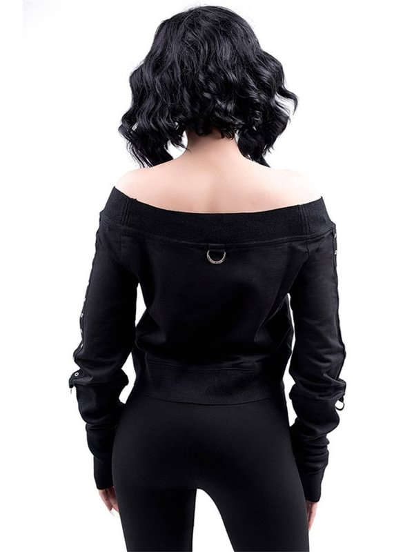 Goth Solid Slim Midriff-baring Off Shoulder Hoodie