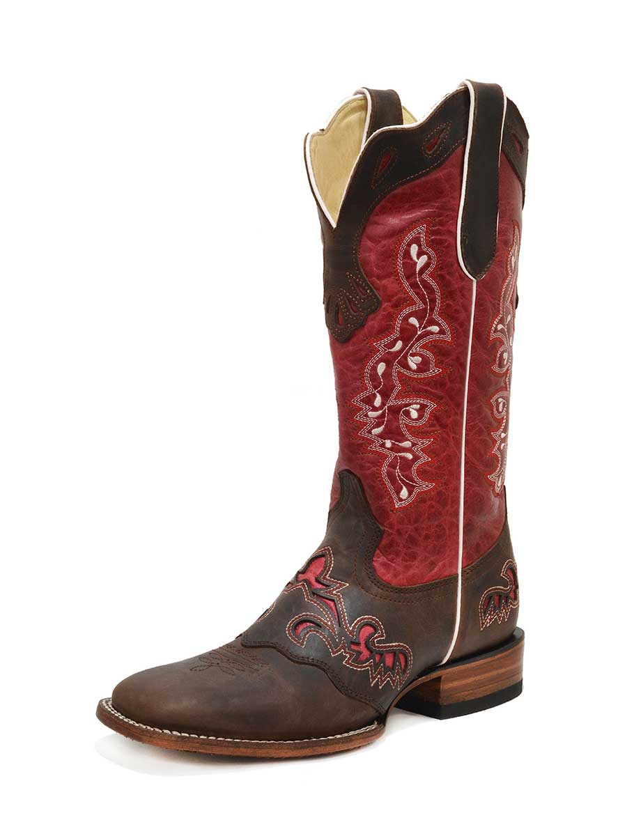Brown and Red Square Toe Cut-Out Embroidered Western Boots for Women