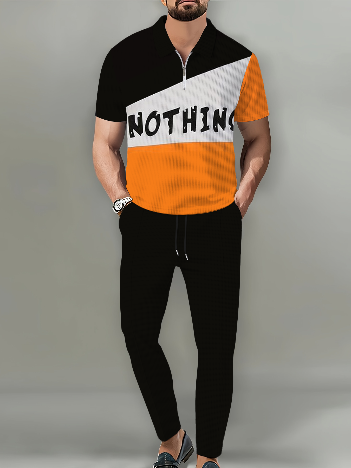 Men's Casual Color Block Letter Polo Shirt and Trousers Two Piece Set 006