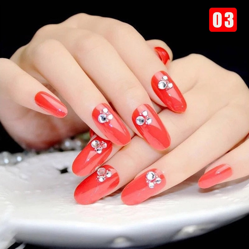 24pcs Ladies Fake Nails Transparent Floral Beads Decor DIY Bride False ...