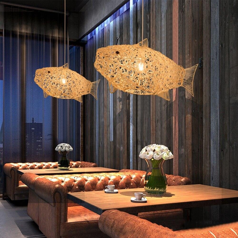 Creative Fish Pendant Lights Hand Woven Rattan Hanging Lamps Restaurant ...
